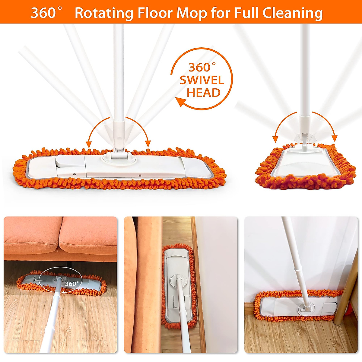 JEHONN Carpet Floor Sweeper Manual with Horsehair, Dust Mop for Floor Cleaning with 2 Washable Microfiber Pads