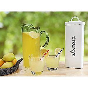 AuldHome Farmhouse Enamelware Straw Holder (White); Rustic Metal Straw Storage Canister