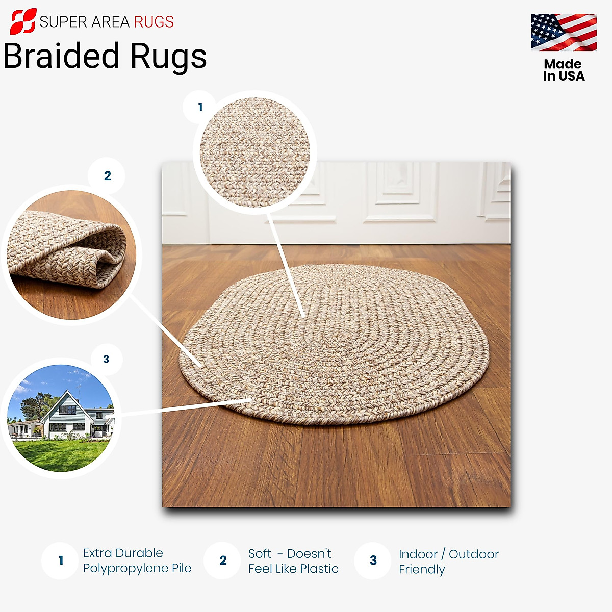 Super Area Rugs Rustic Farmhouse Living Indoor/Outdoor Reversible Braided Rug - Made in USA - Beige Mix 8' X 11' Oval
