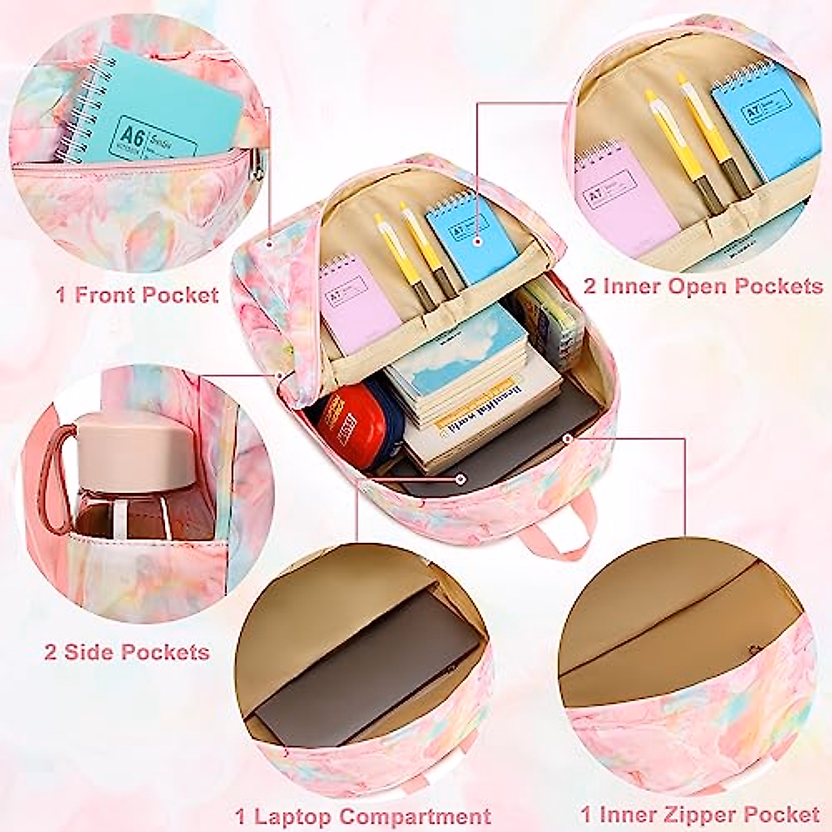 CAMTOP School Backpacks for Teen Girls Lightweight Elementary Middle Backpack Bookbags Set Medium(17 Inch,Tie Dye)