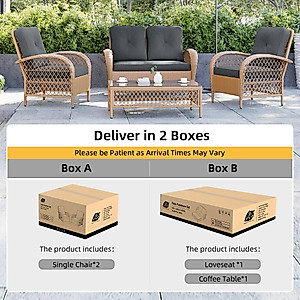 UPHA Patio Outdoor Furniture Set, Beige PE Rattan Patio Conversation Sets, 4 Pieces Wicker Patio Set with Loveseat, 2 Chairs, Coffee Table and Cushions for Backyard, Porch,Darkgrey