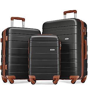 Merax 3 Piece Expandable ABS Hardshell Luggage Sets Spinner Wheel Suitcase TSA Lock Suit Case, Black/Brown, 20/24/28 Inch