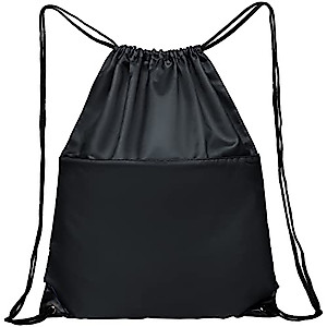 BuyAgain Drawstring Backpack Sports Water Resistant String Bag Sport Gym Sackpack for Women Men Large with Zipper, Black