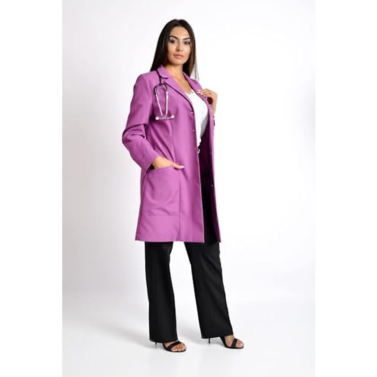 VESTE Destiny Colored Women Lab Coat - 5 Pockets 38" Long Laboratory Coat - Female Medical & Science Labcoats 12 Colors in S,M,L with Adjustable Sleeve (Purple, Small)