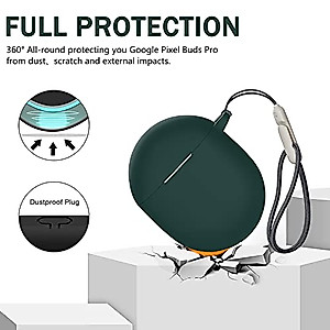 INGIDO Compatible for Google Pixel Buds Pro Case Cover with Keychain/Hand Strap, [Front LED Visible] Thickened Silicone Protective Cover Case for Google Pixel Pro Case 2022(Dark Green)