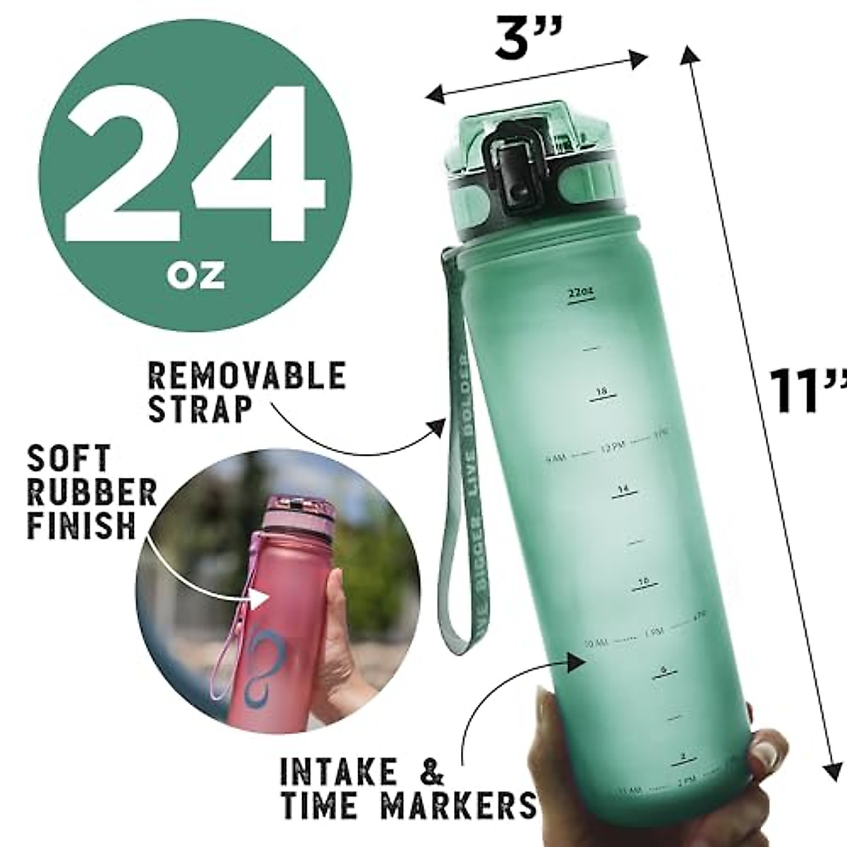 Live Infinitely 24 oz Water Bottle with Time Marker - Insulated Measured Water Tracker Screen - BPA Free Gym Water Bottle - Locking Flip Top Lid, Rubberized (Emerald, 24oz)