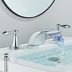 Cfeoerf LED Bathroom Faucets for Sink 3 Hole Bathroom Sink Faucet 2 Handle Bathroom Sink Faucets Waterfall Widespread Faucet with 2 Handle Chrome Bath Taps
