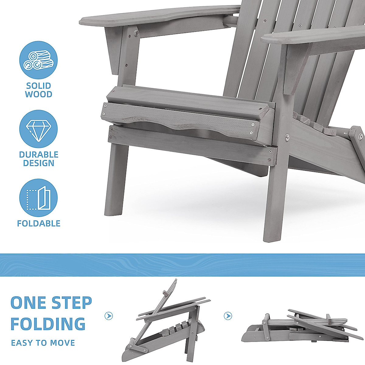 Mederra Wooden Folding Adirondack Chair Set of 2, Half Pre-Assembled Lounge Chair for Outdoor Patio Garden Backyard Deck Pool Beach, Grey