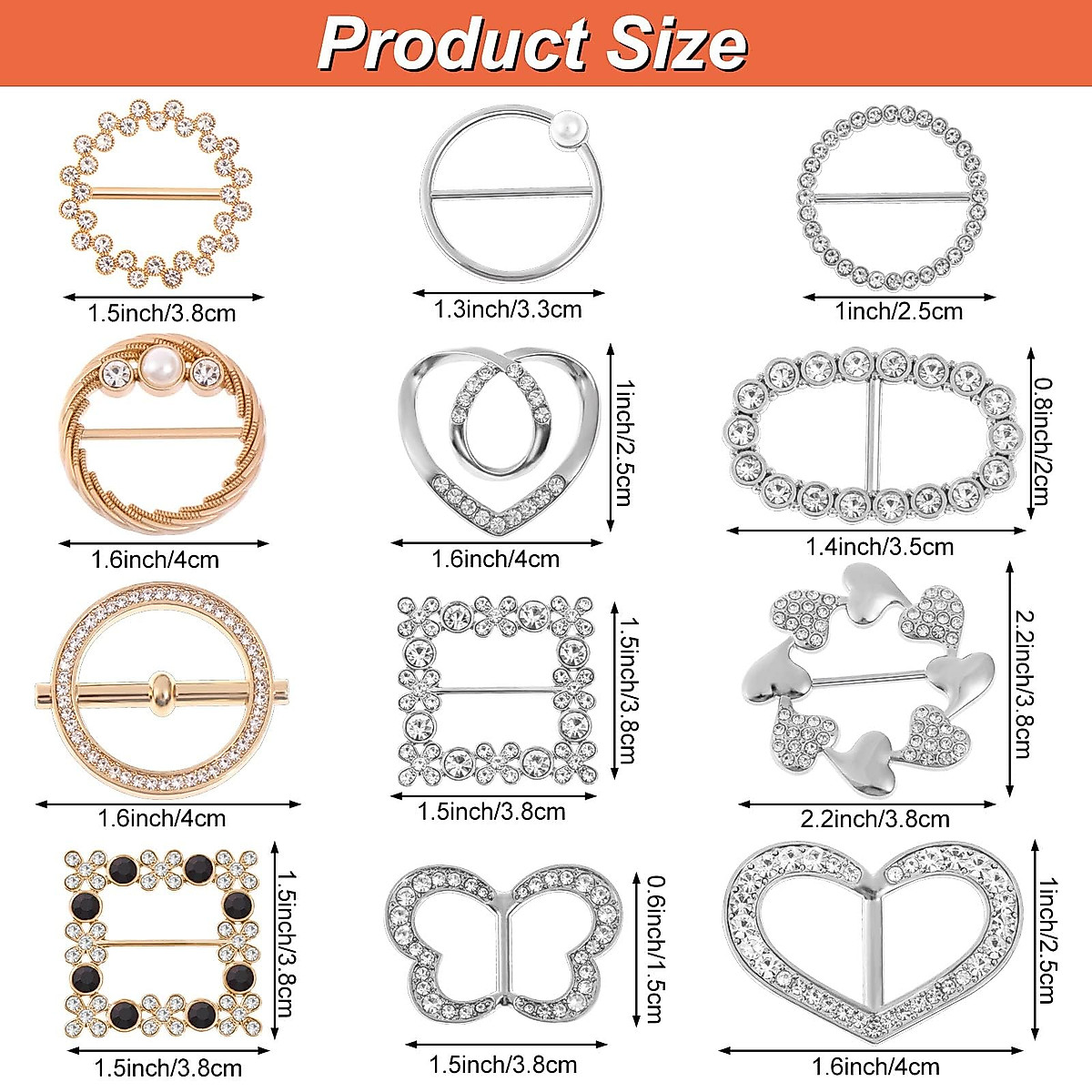 PartyYeah 12 Pcs T-shirt Clips Metal Scarf Clips Ring, Fashion Alloy Pearl Rhinestone Clip Buckle Round Shirt Silk Scarf Tie Clothes Corner Knotted Button for Women Girls Decorative Accessories