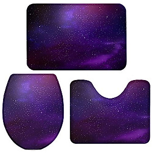 Fantasy Star Bath Rugs Set 3 Piece, Purple Starry Sky Washable Memory Foam Non-Slip Contour Mat Toilet Lid Cover Bath Mat Sets for Bathroom Decor, 18"x30"+14"x18"+15"x18" Small Size