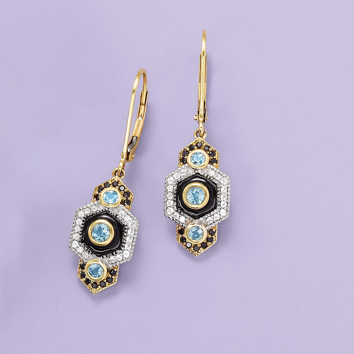 Ross-Simons 1.10 ct. t.w. Multi-Gemstone Vintage-Style Drop Earrings With Black Enamel in 14kt Yellow Gold