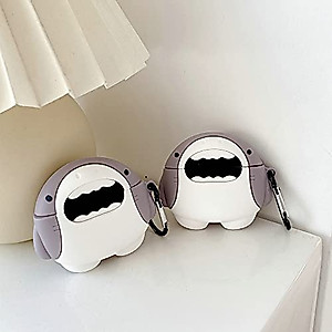 BONTOUJOUR Case for Beats Studio Buds, Open Mouth White Grey Shark Fish Shape Earphone Case, Stylish Cartoon Shark Soft TPU Silicone Rubber Earbud Protection Skin for Beats Studio Buds+Hook