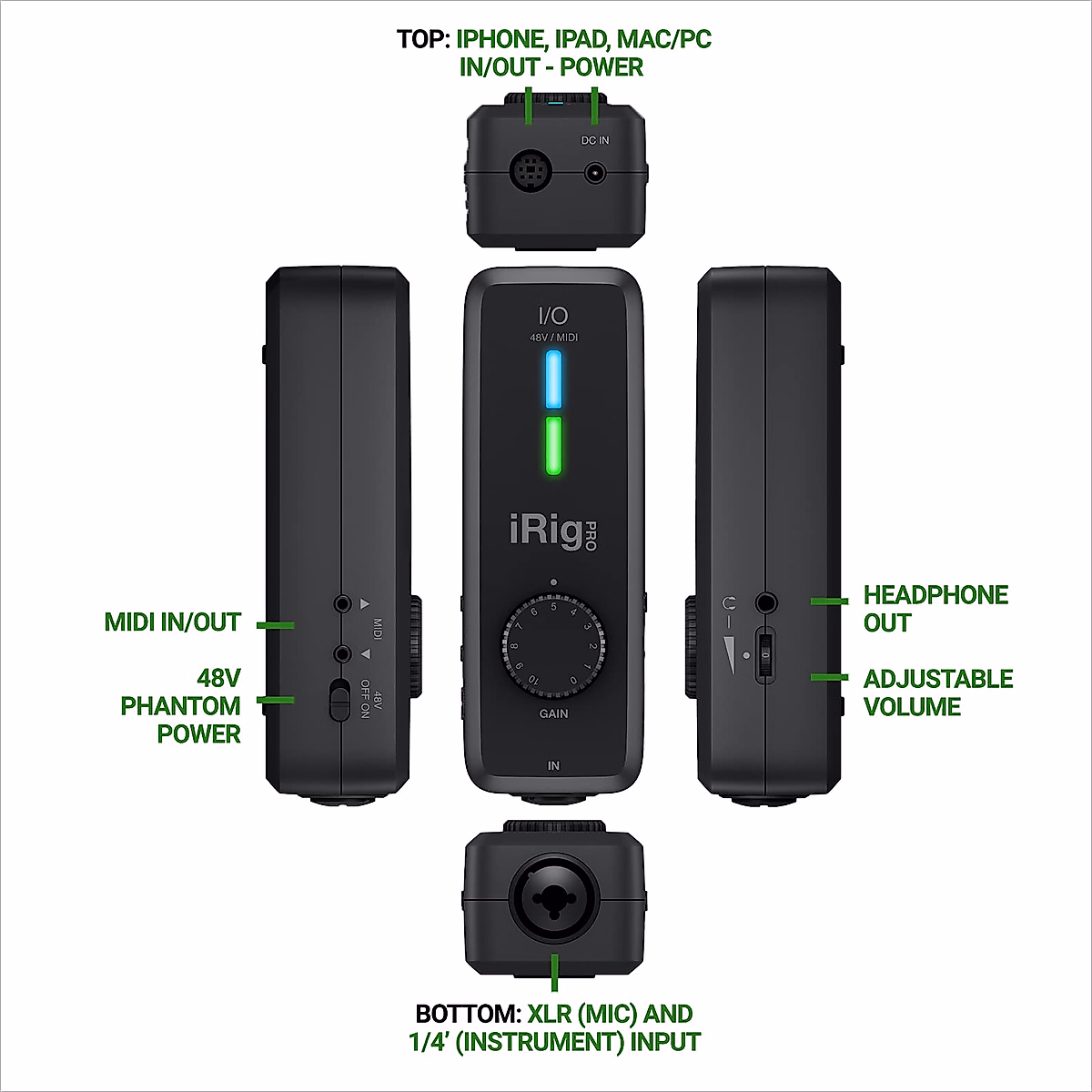 IK Multimedia iRig Pro I/O audio interface for iPhone, iPad, Mac, iOS and PC with USB-C, Lightning and USB cables, 24-bit, 96 kHz recording and guitar, bass and XLR mic inputs