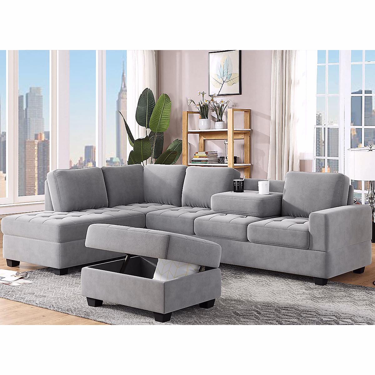 UBGO L-Shaped Sectional Sofa with Convertible Chaise Longue with Storage Footrest and 2 Cup Holders, Velvet Upholstered Sofa for Living Room Office Apartment, Gray