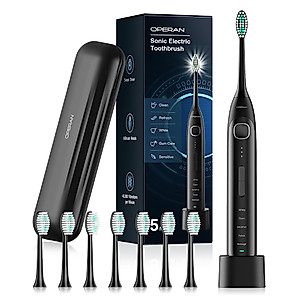 Operan Electric Toothbrush for Adults and Kids Sonic Rechargeable Toothbrush with 5 Modes 2-Min Smart Timer IPX7 Waterproof 40,000 VPM Motor with 8 Brush Heads & Travel Case (Deep Black)