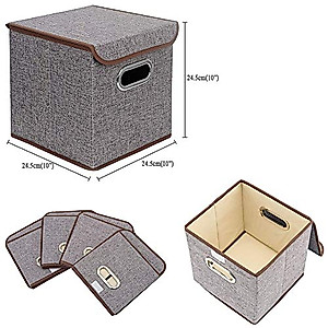 BeigeSwan Storage Bin [Set of 4] Linen Fabric Foldable Container with Lid, Collapsible Organizer Boxes Cubes ¨C 10 x 10 x 10 Inches (Gray)