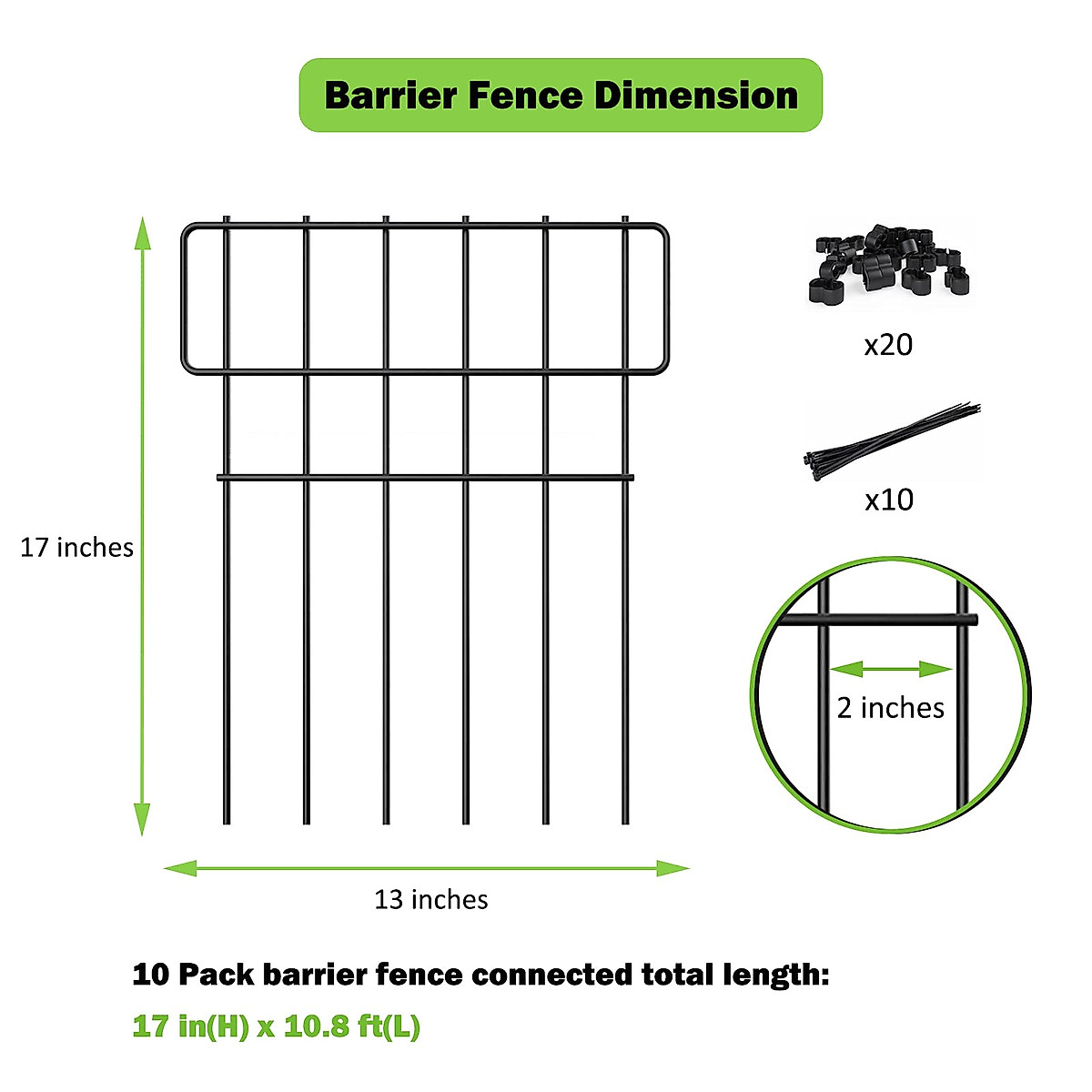 10 Pack Animal Barrier Fence, 17 Inch(H) X 10.8 Ft(L) No Dig Garden Decorative Fencing for Dog, Rabbits, Rustproof Metal Wire Panel Border for Ground Stakes, Outdoor Yard Landscape Patio