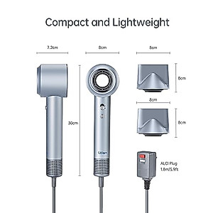 Ltian Hair Dryer Blow Dryer with 120000 RPM High-Speed Brushless Motor, 400 Million Negative Ions Thermo-Control Hairdryer with Magnetic Nozzle for Home Travel, Silver Blue