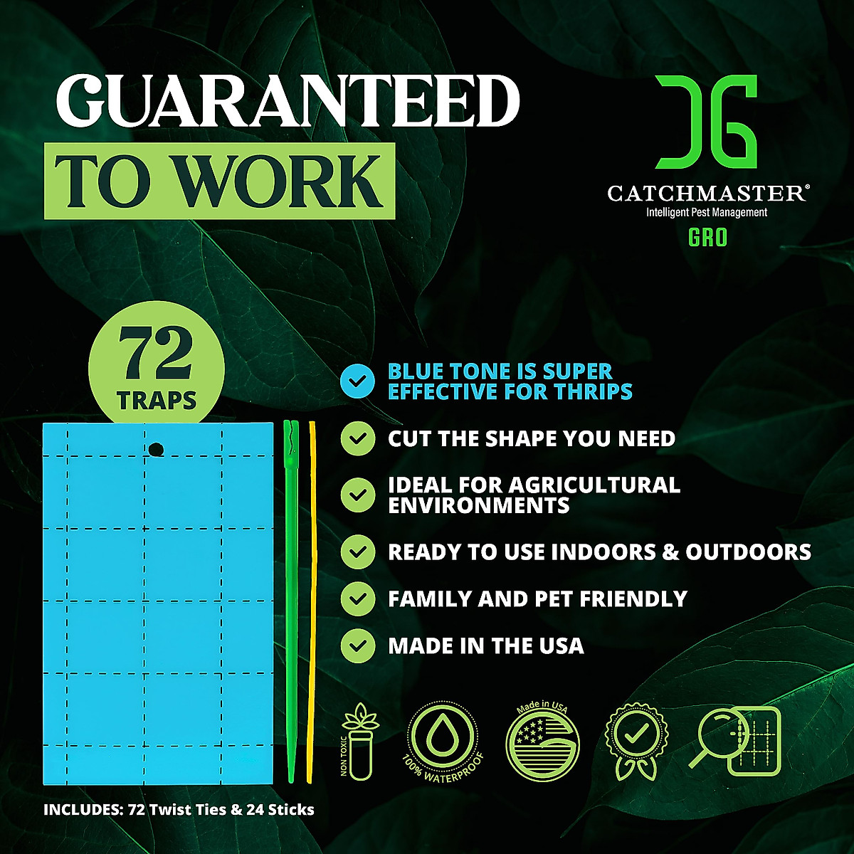 Catchmaster GRO Blue Sticky Trap 72PK, Outdoor Insect Trap, Protect Live Plants Indoor, Bug, Thrips, & Fruit Fly Trap, Glue Traps for Home, Farm, Garden, Hydroponics, & Greenhouse, Pest Control