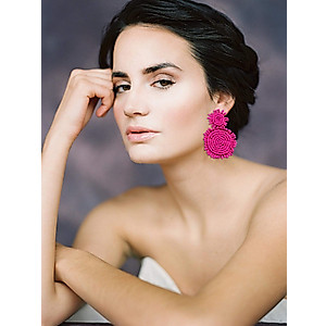 GLBCC Statement Drop Earrings for Women - Bohemian Beaded Round Dangle Earrings Idea Birthday Gifts for Mom Wife Friend (hot pink)