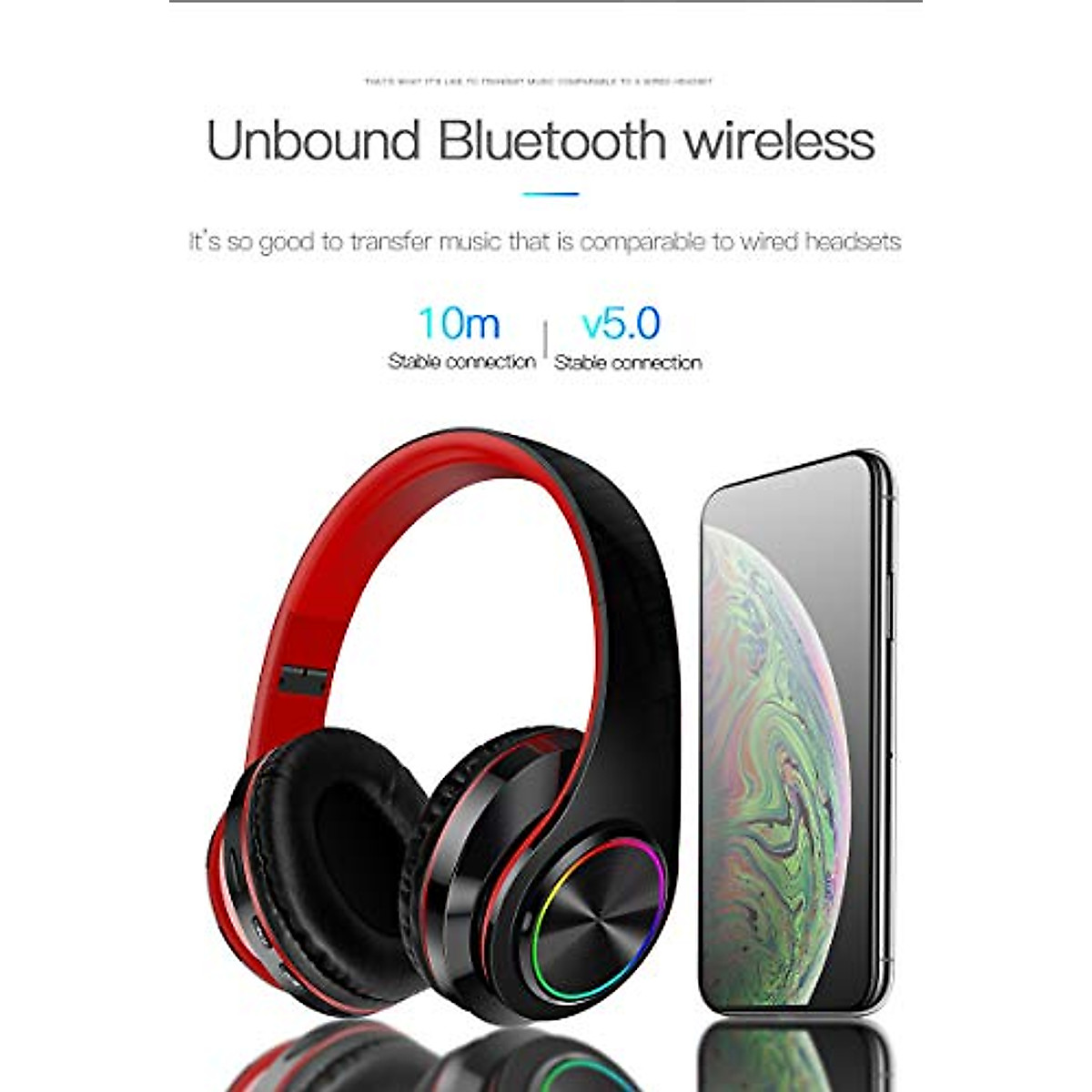 Amazing 7 LED Bluetooth Headphones with 8Hours Playtime, Wireless Headsets Over Ear, Hi-Fi Stereo, Multi-Colored Breathing Led, Built-in Mic, Snug Fit Earphones for Game Video DJ (Black Red)