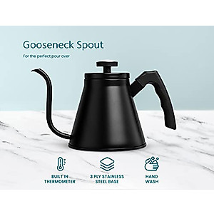Kook Stovetop Gooseneck Kettle with Thermometer, for Pour Over Coffee & Tea, Temperature Gauge, Electric, Compatible for Gas Stovetop, 3 Ply Stainless Steel Base, 27 oz
