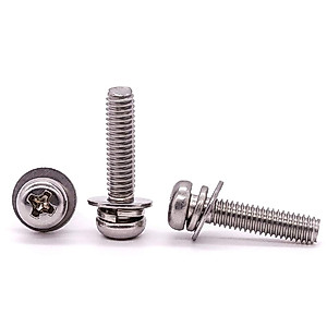 M4-0.7 x 6mm (100 Sets) Pan Head Machine Screws with Flat Washers and Lock Washers, Stainless Steel 304 (18-8), Phillips Drive, Full Coarse Thread UNC, Bright Finish