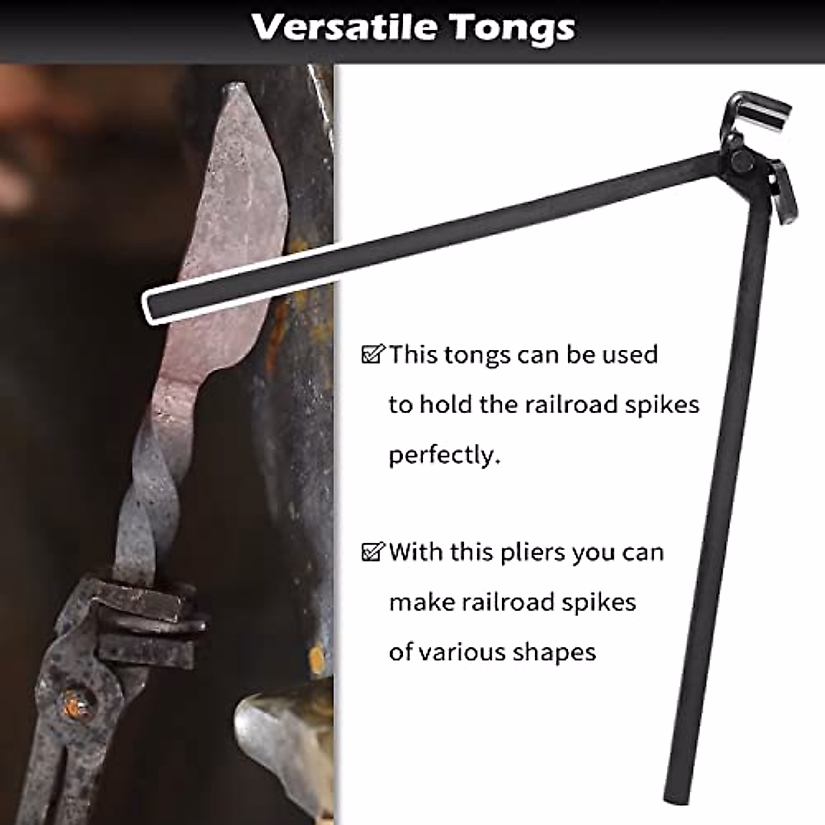 Blacksmith Railroad Spike Tongs for Holding Railroad Spikes Quick Railway Spike Pliers RR Spike Head Tongs, Length 15 in