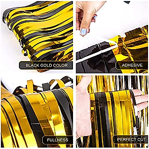 AILEXIBG 3.2 ft x 8.2 ft Metallic Tinsel Foil Fringe Curtains for Party Photo Backdrop Wedding Decor (2 Pack, Black Gold)