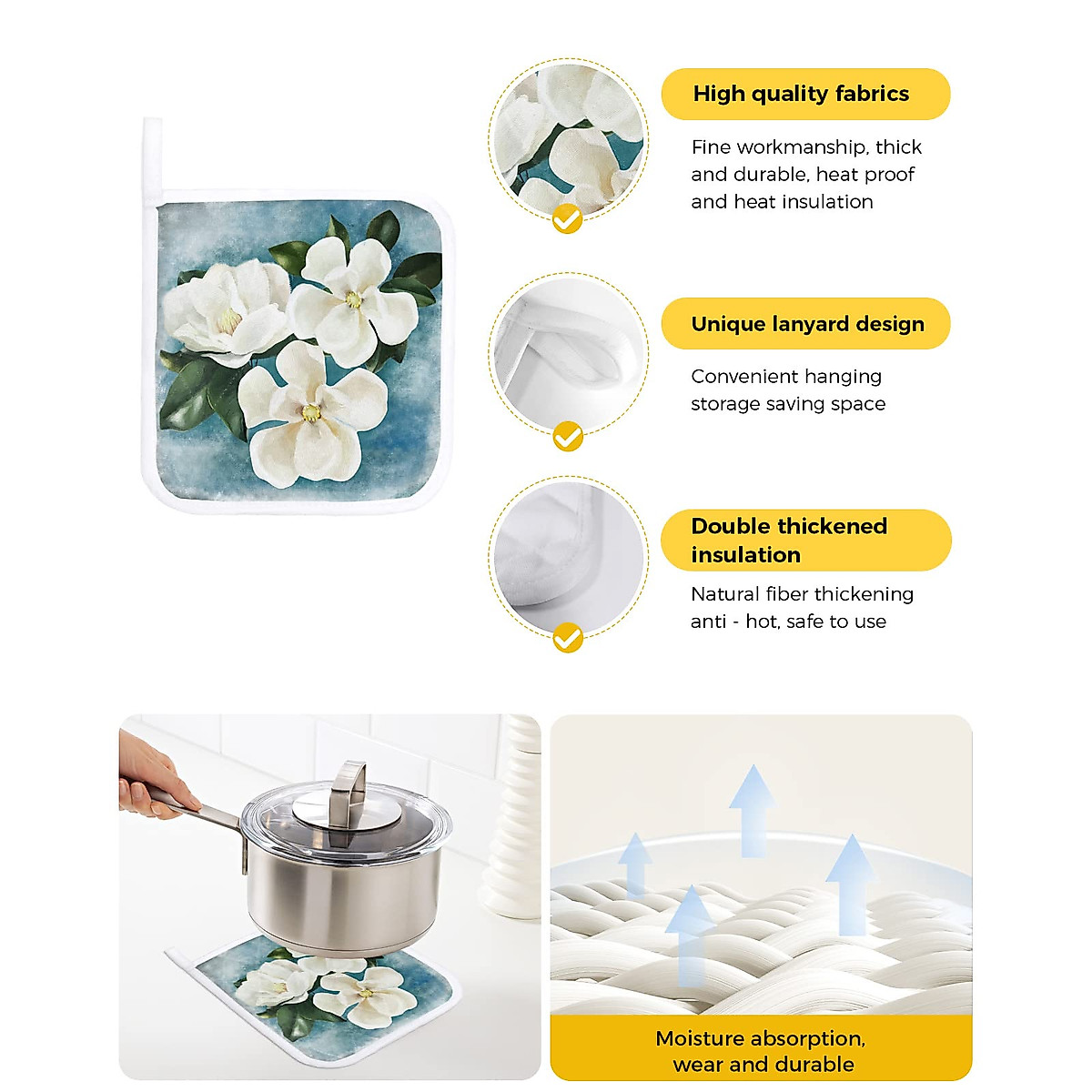 Pot Holders Set of 4,Country White Flower Green Leaf Potholder for Kitchen Heat-Proof Hot Pads,Rural Blooming Floral Blue Gradient Back Hot Mats Potholders for Cooking Baking BBQ