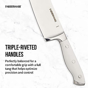 Farberware 15-Piece Forged Triple Rivet Knife Block Set, Razor-Sharp Kitchen Knife Set with Wood Block, High-Carbon Stainless Steel, White