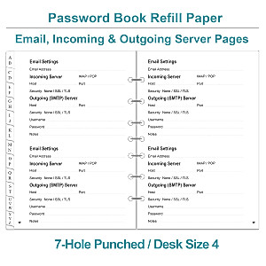 Password Book Refills - A-Z Password Notebook Refill Paper with Alphabetical Tabs, 120gsm White Paper, 7-Hole/Desk Size 4, 5.8" x 8.3"