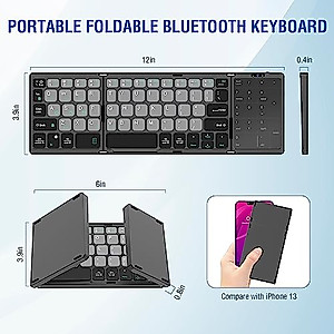 EDJO Foldable Bluetooth Keyboard, Rechargeable Portable Wireless Keyboard with Touchpad & Number Pad for Android, Windows, iOS, PC/Laptop/Smartphone/Tablet (Grey)