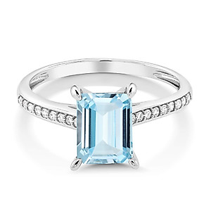 Gem Stone King 10K White Gold Emerald Cut 8X6MM Gemstone Birthstone and White Diamond Engagement Ring | Wedding Anniversary Promise Gold Ring For Women | Available In Size 5-9