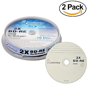 20 Pack Smartbuy 2X 25GB Blue Blu-ray BD-RE Rewritable Branded Logo Blank Bluray Disc