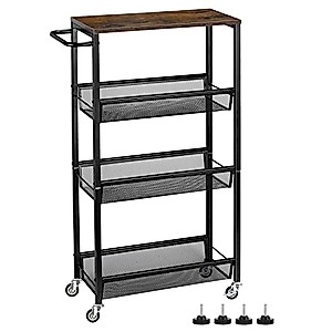 MOOACE Slim Storage Cart, 4 Tier Rolling Kitchen Shelving Unit on Wheels Mobile Narrow Cart with Wooden Tabletop for Bathroom, Laundry Narrow Places, 16.6''x 7.3''x 31.1''inch