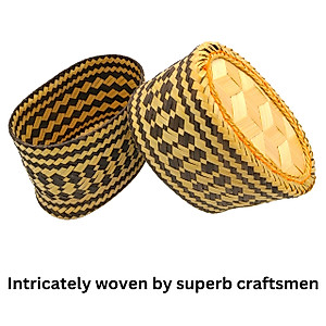 Bamboo Sticky Rice Serving Basket 6 x 3.7 Inch, Kratip, Intricately Woven Container, Oval-Shaped Pattern, Thailand Handmade, Dyed with Natural Based Black Charcoal (Mini Heart) (Double Square)