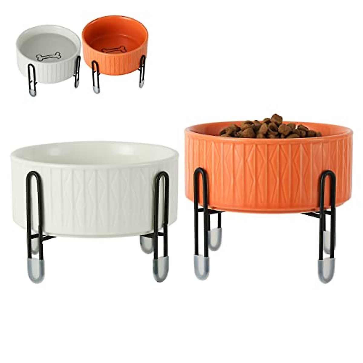 OMAYKEY 32 OZ Ceramic Elevated Dog Bowls with Metal Stand, Raised Cat Bowl Set for Food and Water, Pet Feeder Bowl Dish for Cats & Dogs, Non-Slip, Dishwasher Safe, White & Orange
