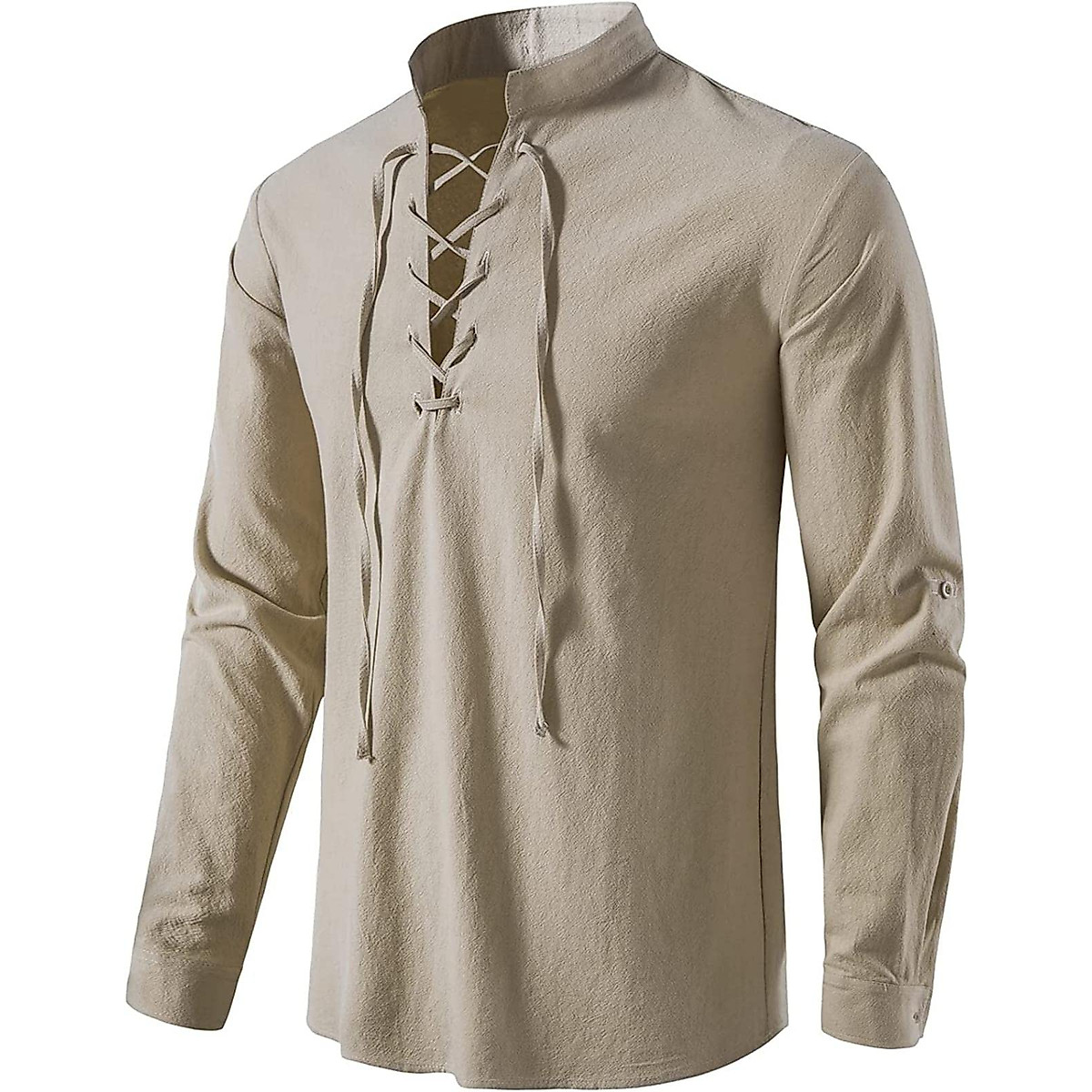 AIFARLD Men's Long Sleeve Shirts Retro Style Lace up for Medieval Viking Hippie Halloween Cosplay Pirate Renaissance Costume Khaki