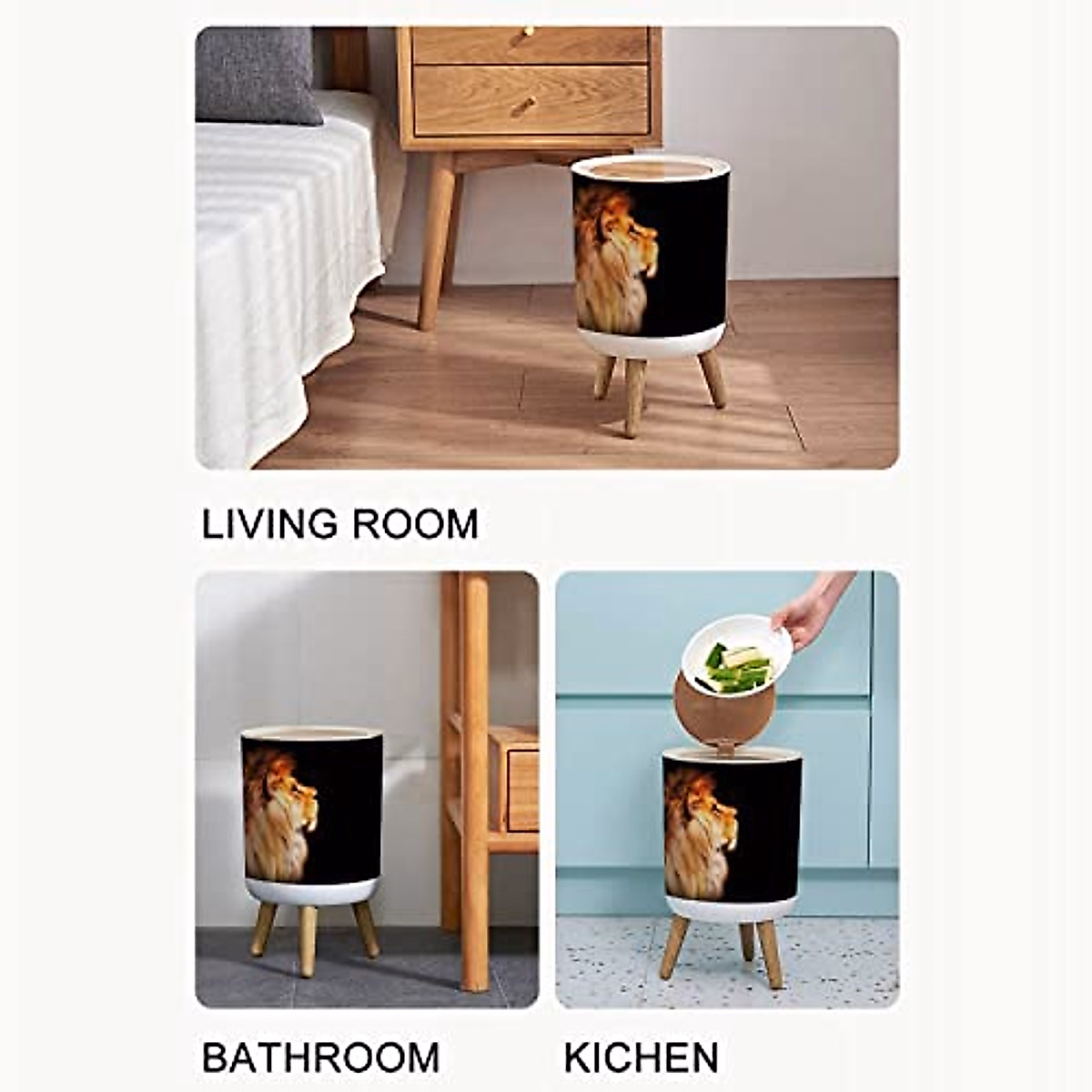 IBPNKFAZ89 Small Trash Can with Lid African Lion Profile Portrait Isolated on Black Spectacular Dramatic Garbage Bin Wood Waste Bin Press Cover Round Wastebasket for Bathroom Bedroom Office Kitchen