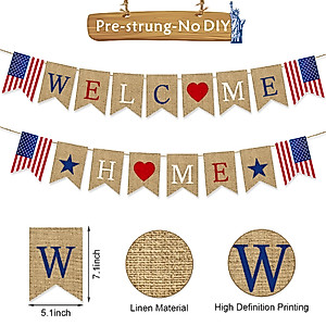 Stcomart Pre-Strung Welcome Home Banner, Burlap Patriotic Welcome Home Decorations for Army Navy Marines Air Force Homecoming Decoration