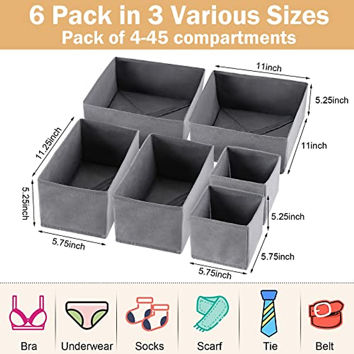 Thenshop 18 Set Closet Dresser Drawer Organizers, Foldable Cloth Storage Box Closet Dresser Drawer Divider Organizer Fabric Containers Basket Bins for Underwear Baby Clothes Socks (Dark Gray)