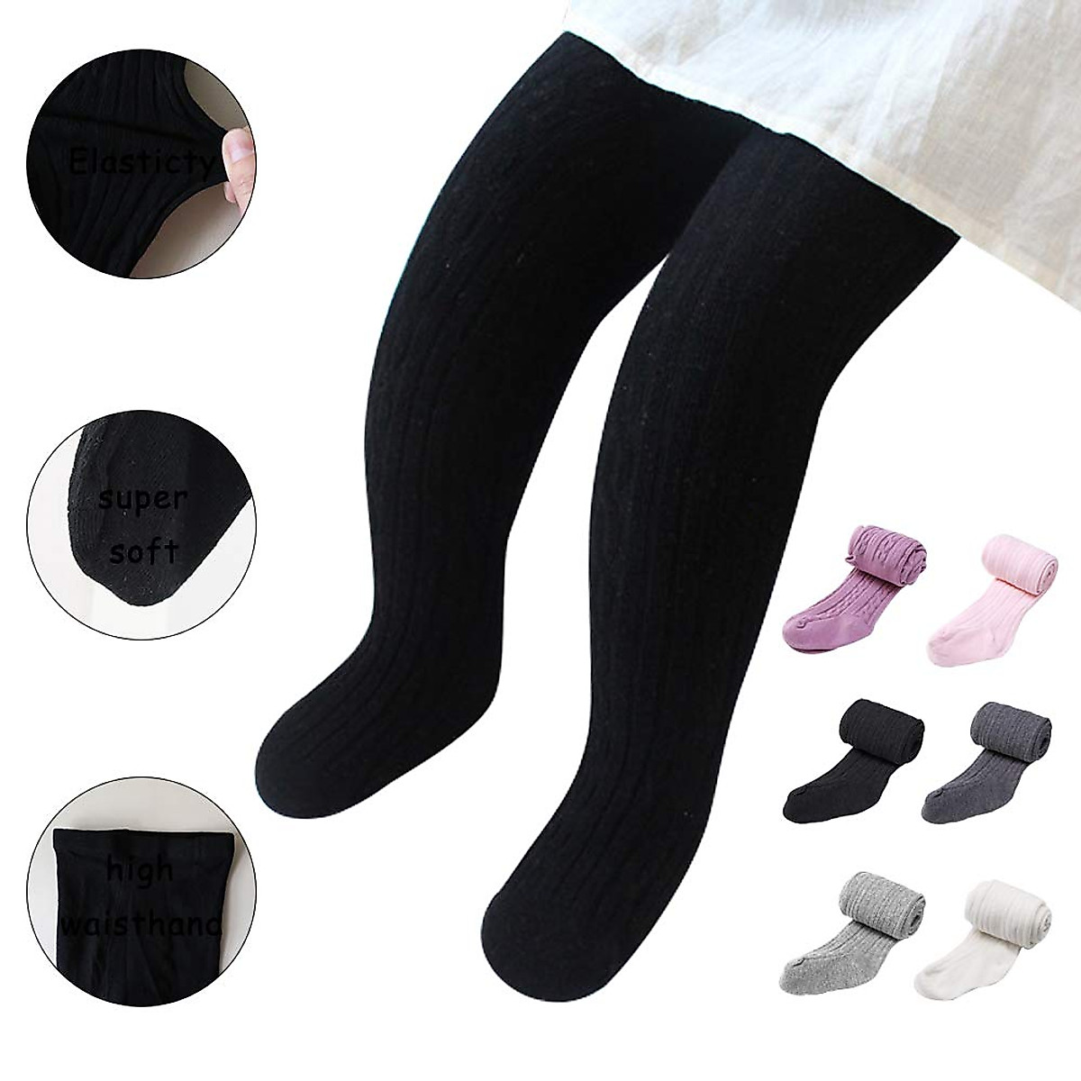 techcity Baby Toddler Girls Tights Seamless Cable Knit Cotton Leggings Pants Stockings for Infant Baby Girl (Black, 4-6 Years)