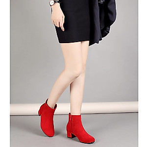 LIURUIJIA Booties for Women Low Heel Suede Ankle Boots Lined Winter Short Dress Boots Red 38(38/US7.5)