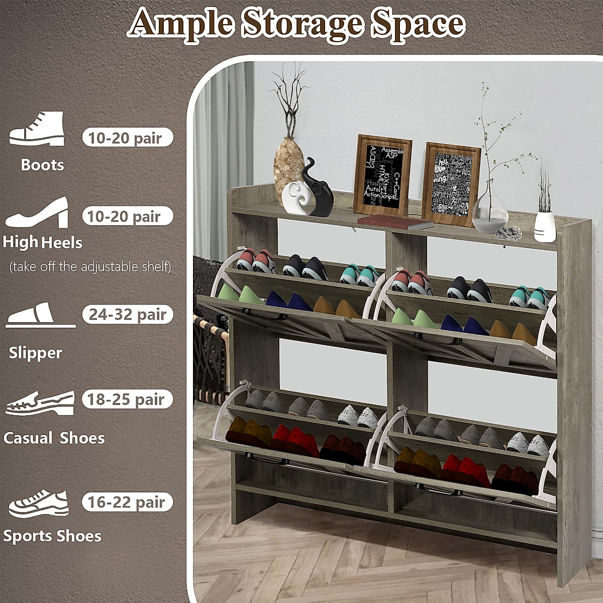 MISHAO Shoe Storage Cabinet with 4 Flip Drawers, Narrow Shoe Cabinet Storage with Legs for Entryway, Freestanding Shoes Organizer Cabinet, Farmhouse Slim Shoe Cabinet, Rustic Gray