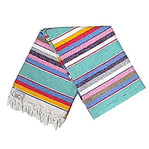 Authentic Mexican Serape Blanket - Multi-color Lightweight Handmade Mexican Saltillo Blanket / Classic Mexican Style Falsa, Stripe Pattern, Throw, Beach Blanket, Tapestry or Yoga Blanket Multi Cotton