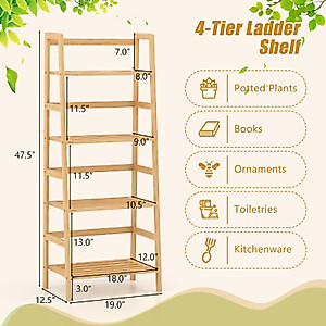 HAPPYGRILL 4 Tier Bamboo Bookshelf, Freestanding Open Bookcase Book Shelf Multifunctional Plant Flower Display Stand, Ladder Shelf for Bedroom, Living Room, Home Office,Small Space