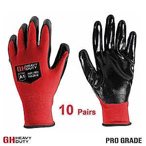 GH Heavy Duty Nitrile Reusable Work Gloves, All Purpose Work Gloves with Cut Resistant Palm, Gloves for Tasks Needing Hand Protection, 10-Pack (Red), Large