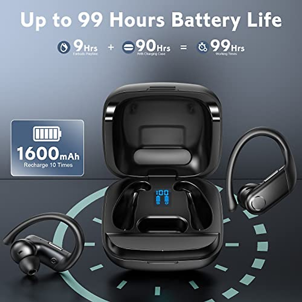 Wireless Headphones, 99H Playtime Wireless Earbuds with Mics and Charging Case for iPhone Android, Waterproof Running Headphones for Gym Yoga Workout, Hi-Fi Sound Over Ear Buds with Earhooks