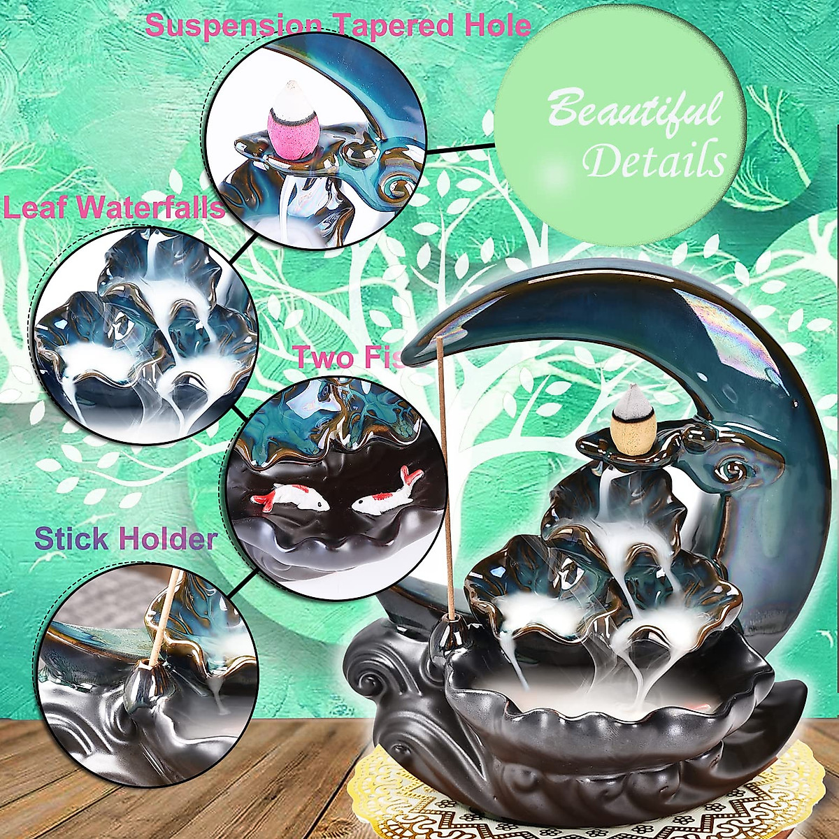 Zvaiuk New Moon Backflow Incense Holder, Ceramic Hand-Made Incense Fountain Burner with 100 Backflow Incense Cones，Fragrance Incense Stick，mat，Aromatherapy Home Decoration